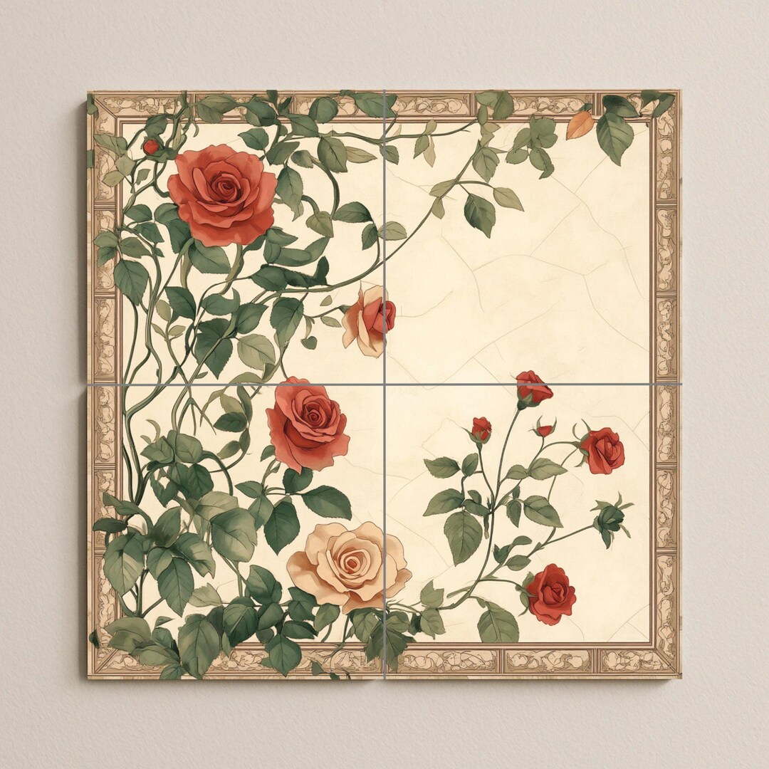 Romantic Rose Ceramic Tile Mural Wall Art | Vintage Floral Botanical ...