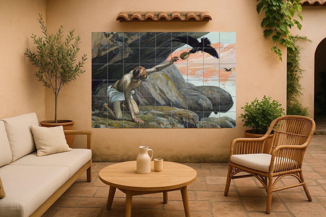Elijah Raven Mural • Desert Prophet Tile Wall Art • Biblical Survival ...