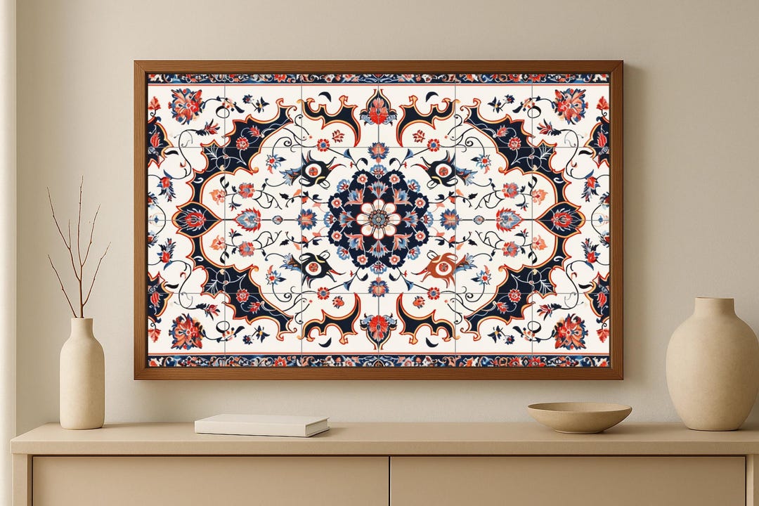 Tehran Pattern Mural • Persian Revival Tile Wall Art • Qajar Motif ...