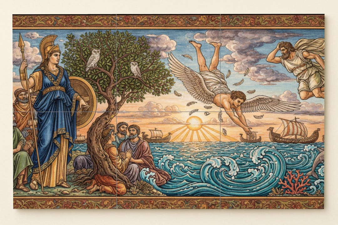 Flight of Icarus – Greek Mythology Ceramic Mural With Athena, Daedalus ...