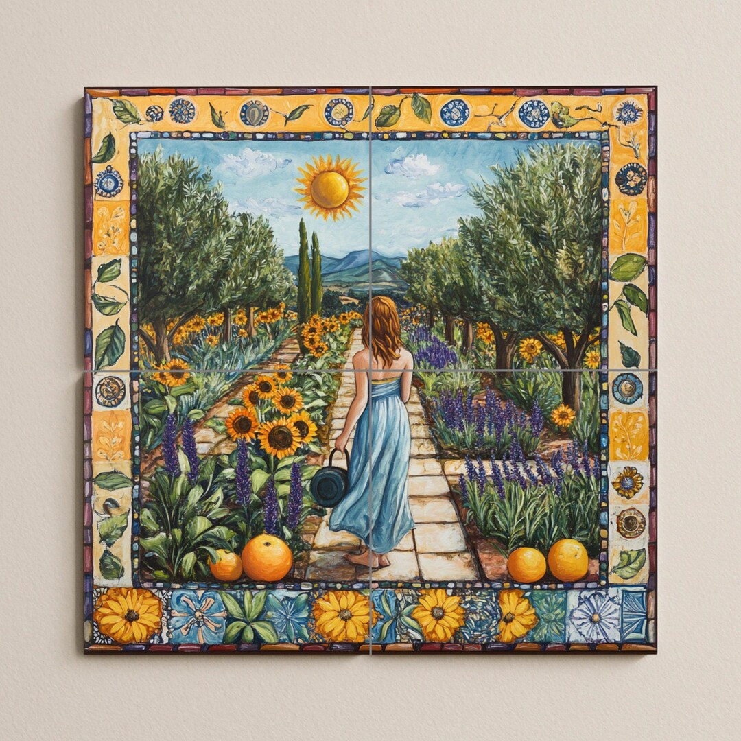 Val D’orcia Tuscan Ceramic Tile Mural With Lavender Terraces, Sunflower ...