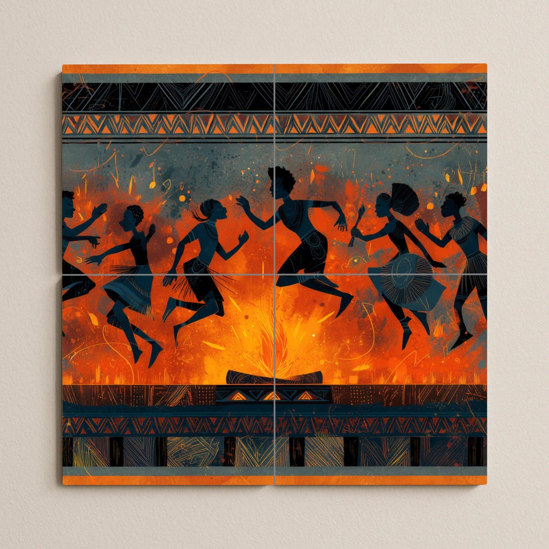 Tribal Dance Tile Mural – Rhythmic Firelight Mosaic With Silhouettes ...