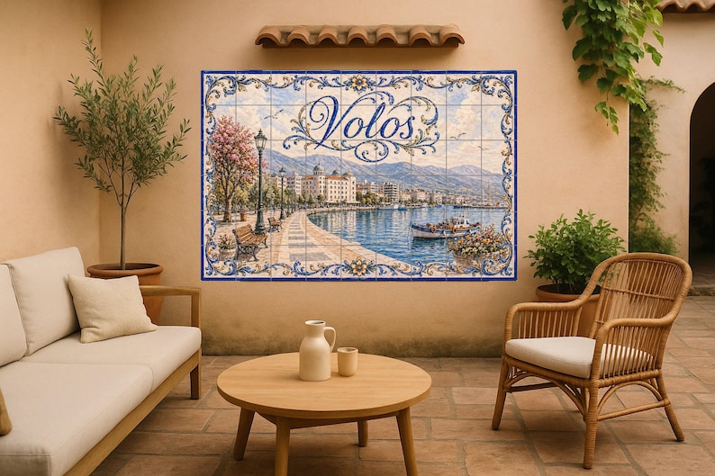 Volos Greece Ceramic Tile Mural, Greek Harbor Wall Art, Mediterranean ...