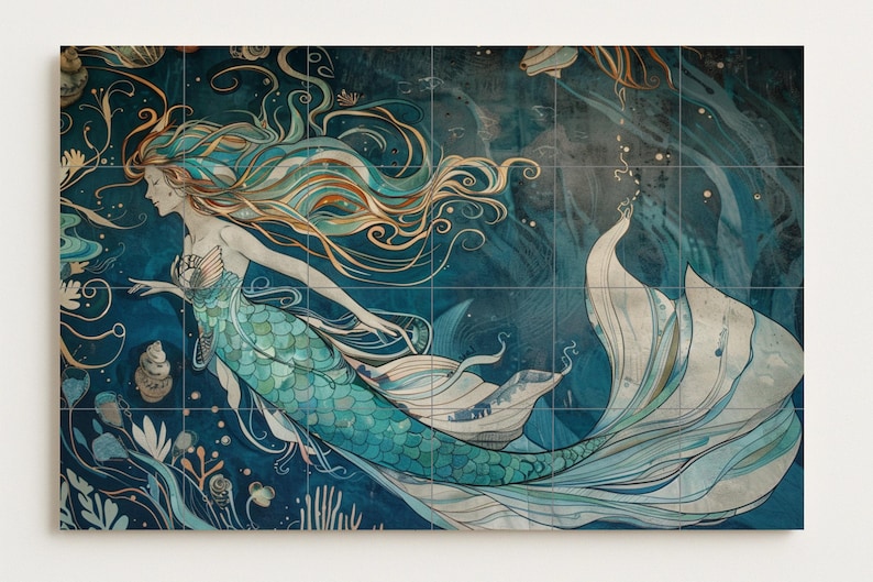 Norse Mermaid Mural • Scandinavian Sea Tile Wall Art • Fjord Myth Decor ...