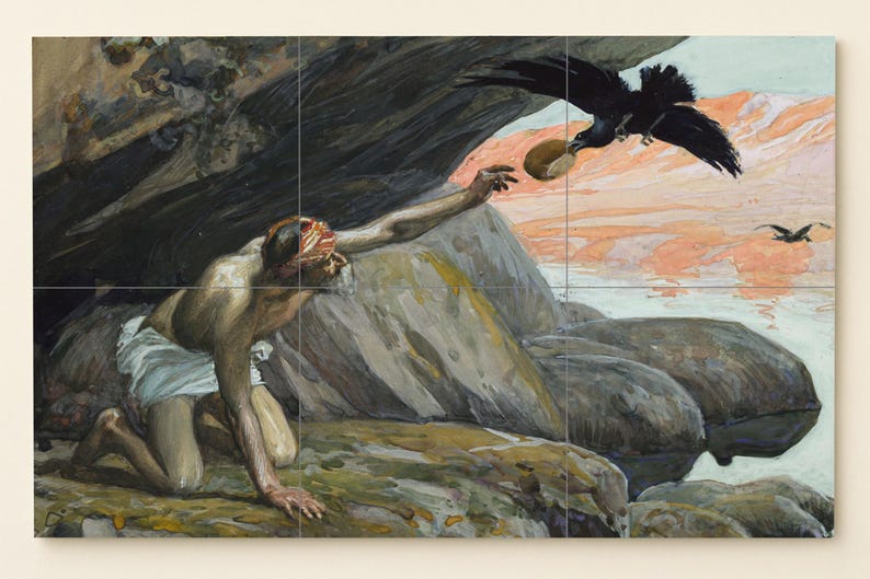 Elijah Raven Mural • Desert Prophet Tile Wall Art • Biblical Survival ...