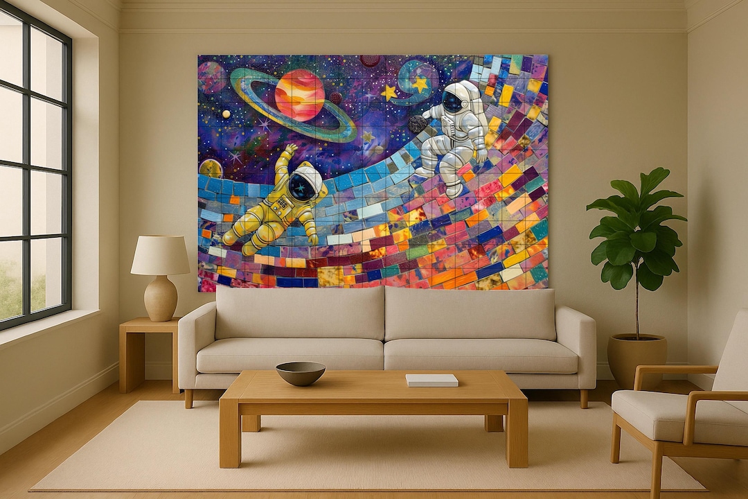 Stellar Astronaut Mosaic • Vibrant Space Tile Mural With Planets, Stars ...