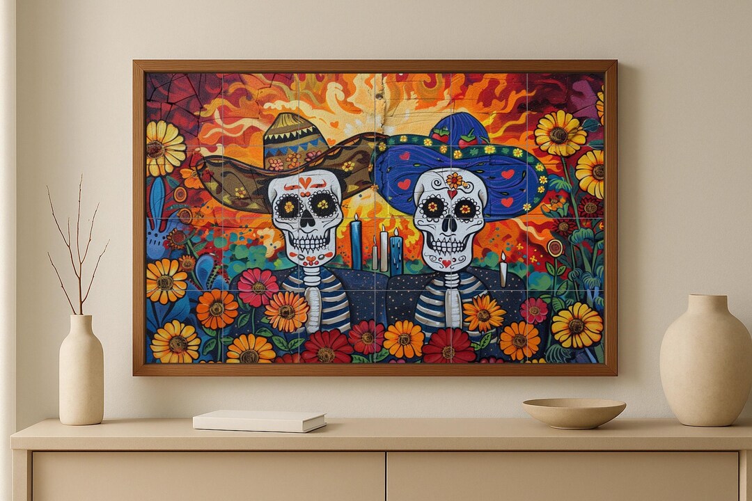 Day of the Dead Mural – Colorful Mexican Tile Art With Catrinas ...