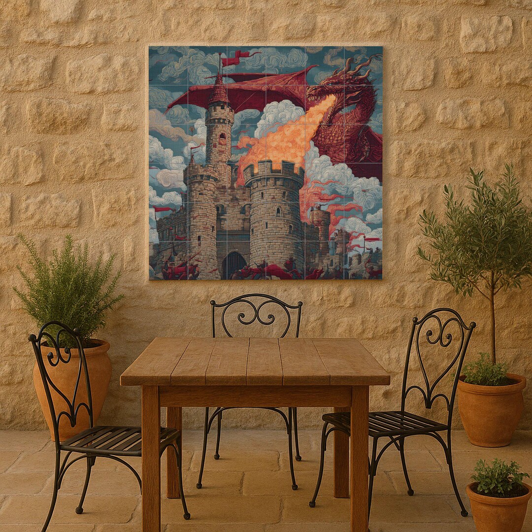 Dragon Siege Tile Mural – Fantasy Castle Wall Mosaic With Fire ...