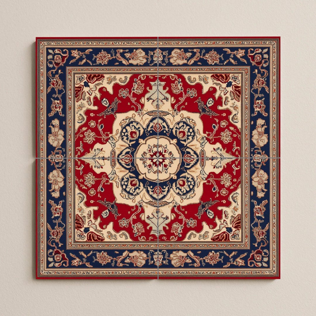 Azerbaijani Carpet Ceramic Mural With Ornamental Medallion, Deep Red ...