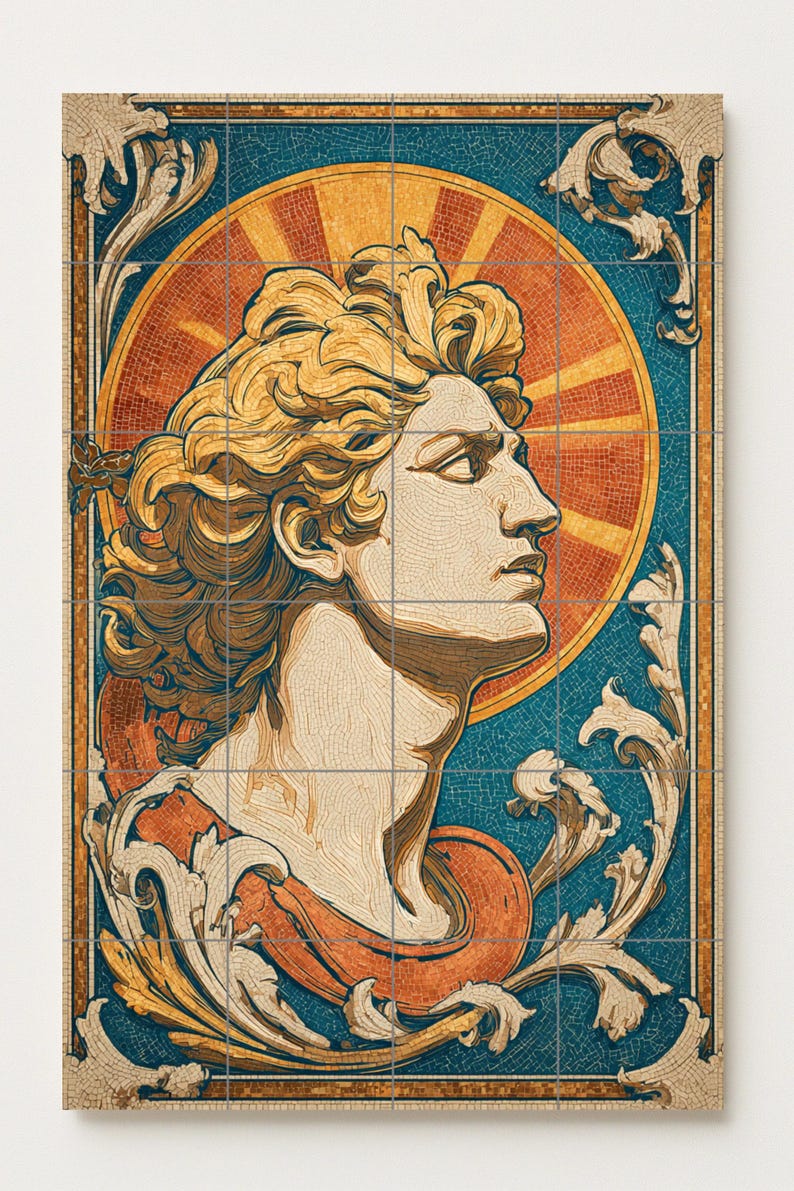 Helios – Art Nouveau Male Portrait Ceramic Mural, Golden Sun Mosaic ...