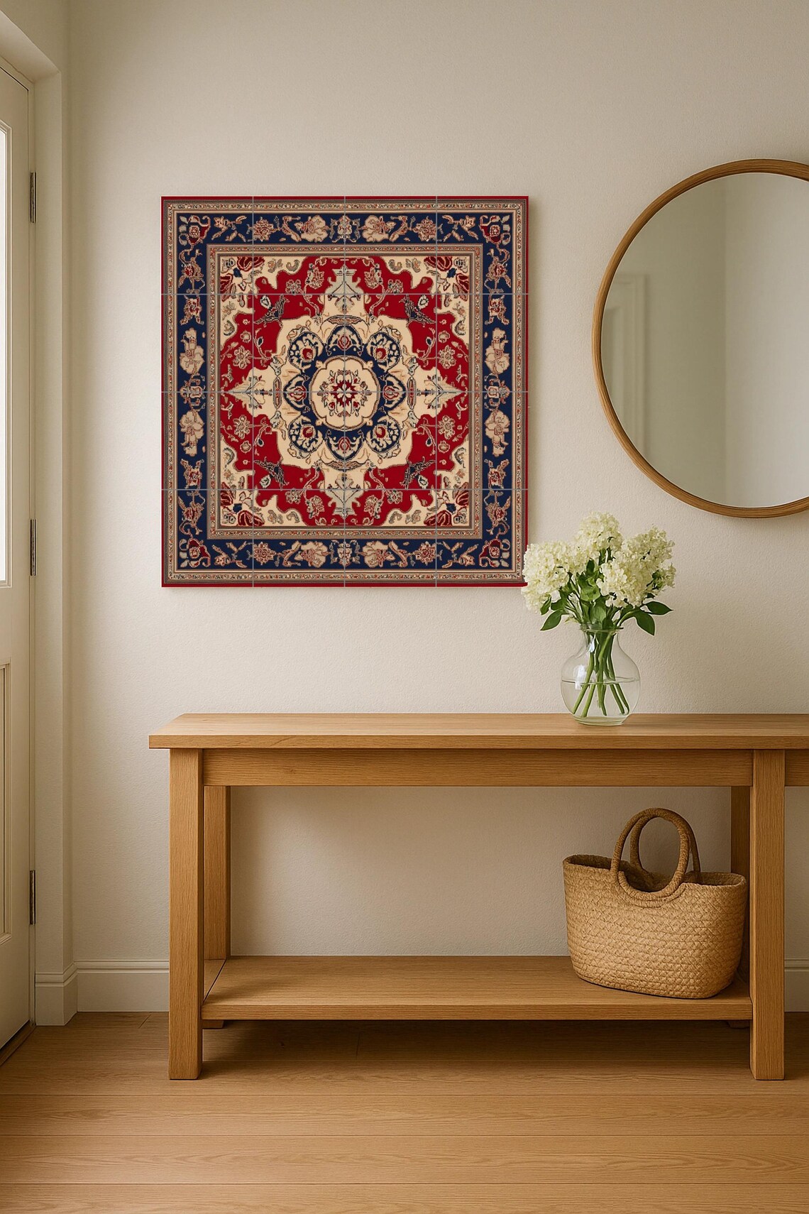 Azerbaijani Carpet Ceramic Mural With Ornamental Medallion, Deep Red ...