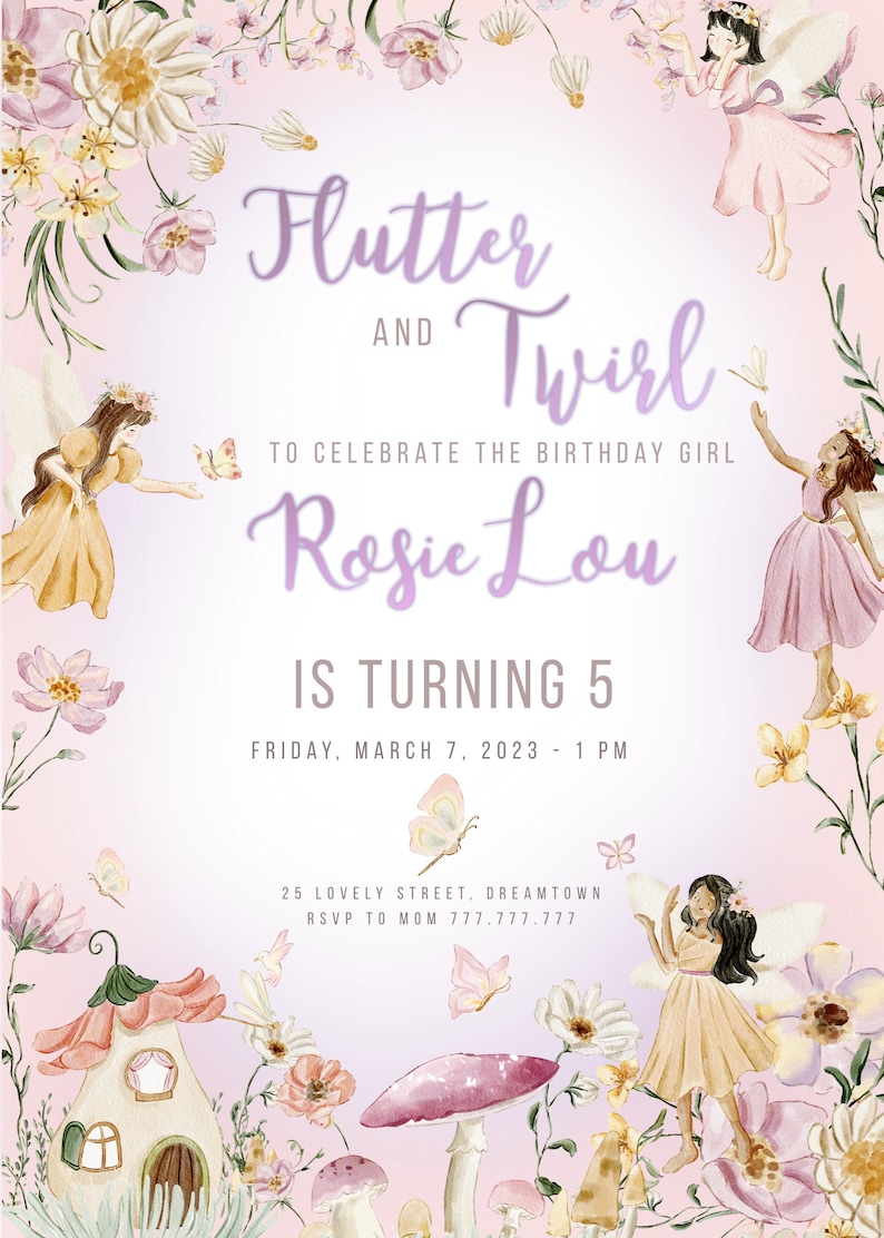 Editable Fairy Birthday Invitation | Flutter & Twirl | Birthday Girl - Etsy