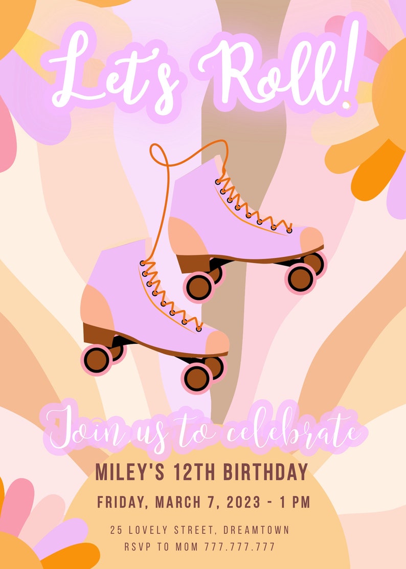 Editable Retro Roller Blades Birthday Invitation Let's - Etsy