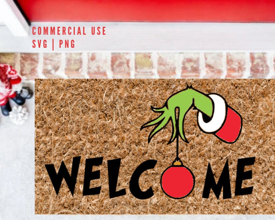 Grinch Welcome Mat Grinch Hand Door Mat SVG/PNG Grinch Holding Ornament ...