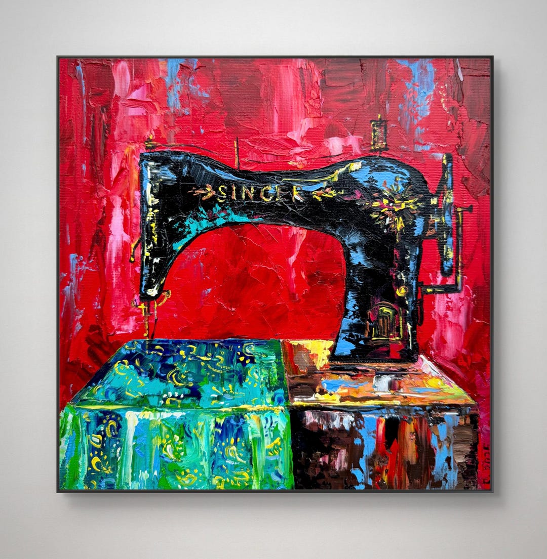 Singer Sewing Machine Original Impasto Oil Painting Red Background ...