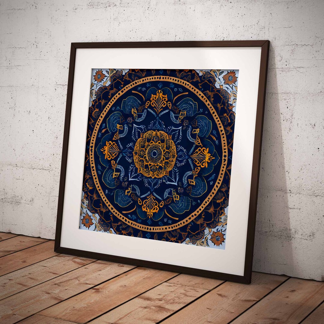 Mandala Masterpiece Art, Gold Circle Core, Blue Flower Petals ...