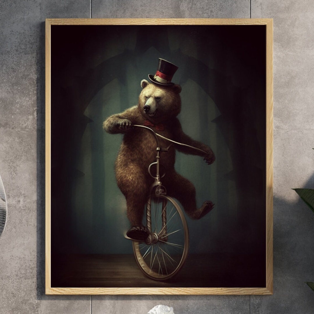 Bear in A Circus Riding A Unicycle Vintage Portrait, Bear in Top Hat ...