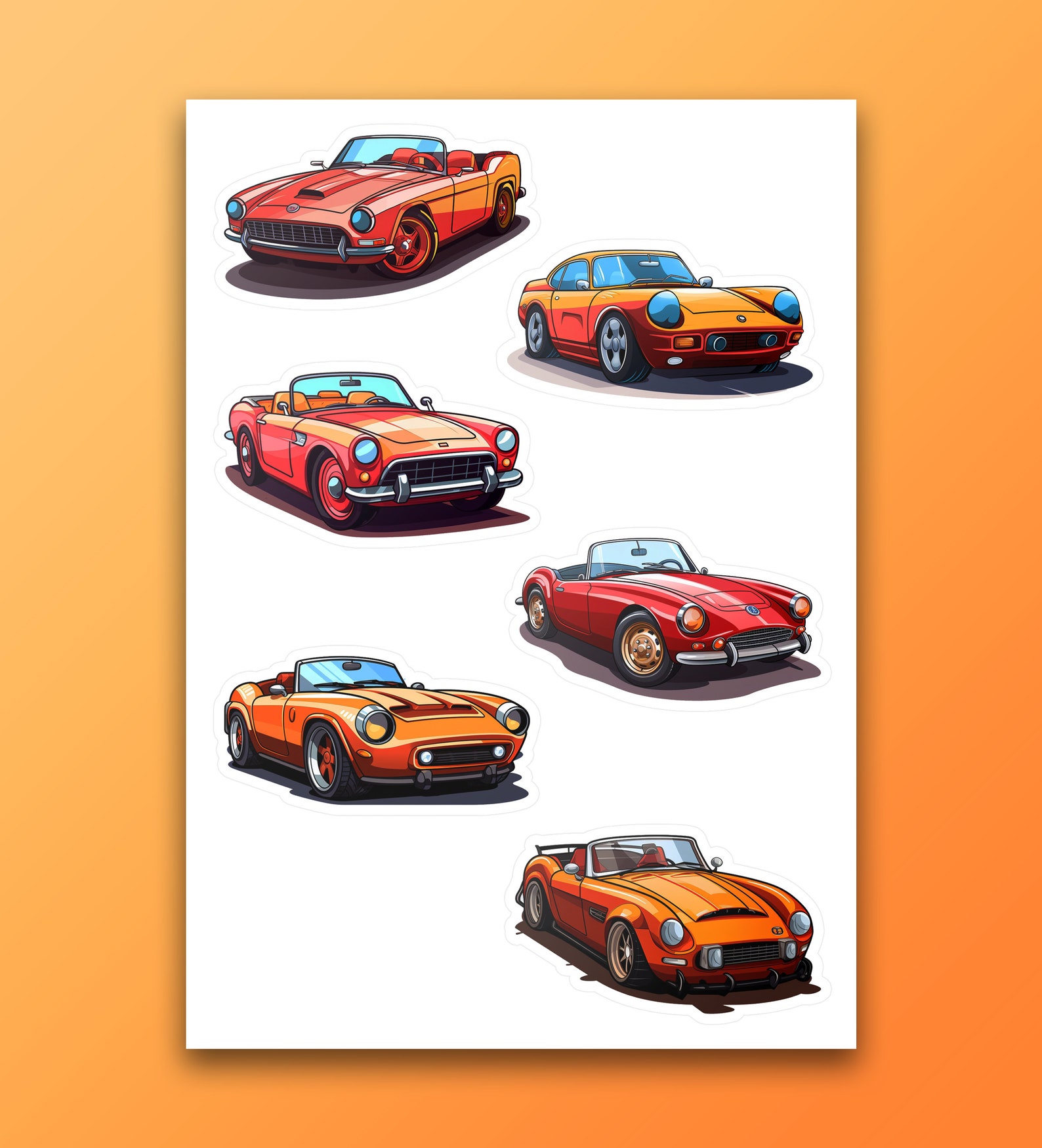 Classic Sports Cars Vinyl Sticker Sheet, Illustrative Art Style, 6 Car ...