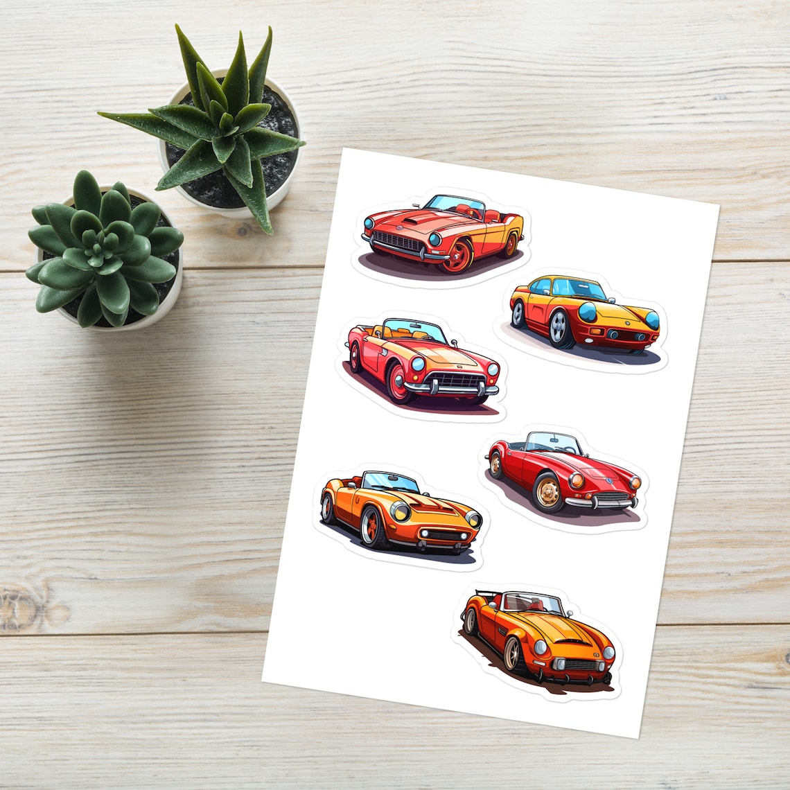 Classic Sports Cars Vinyl Sticker Sheet, Illustrative Art Style, 6 Car ...