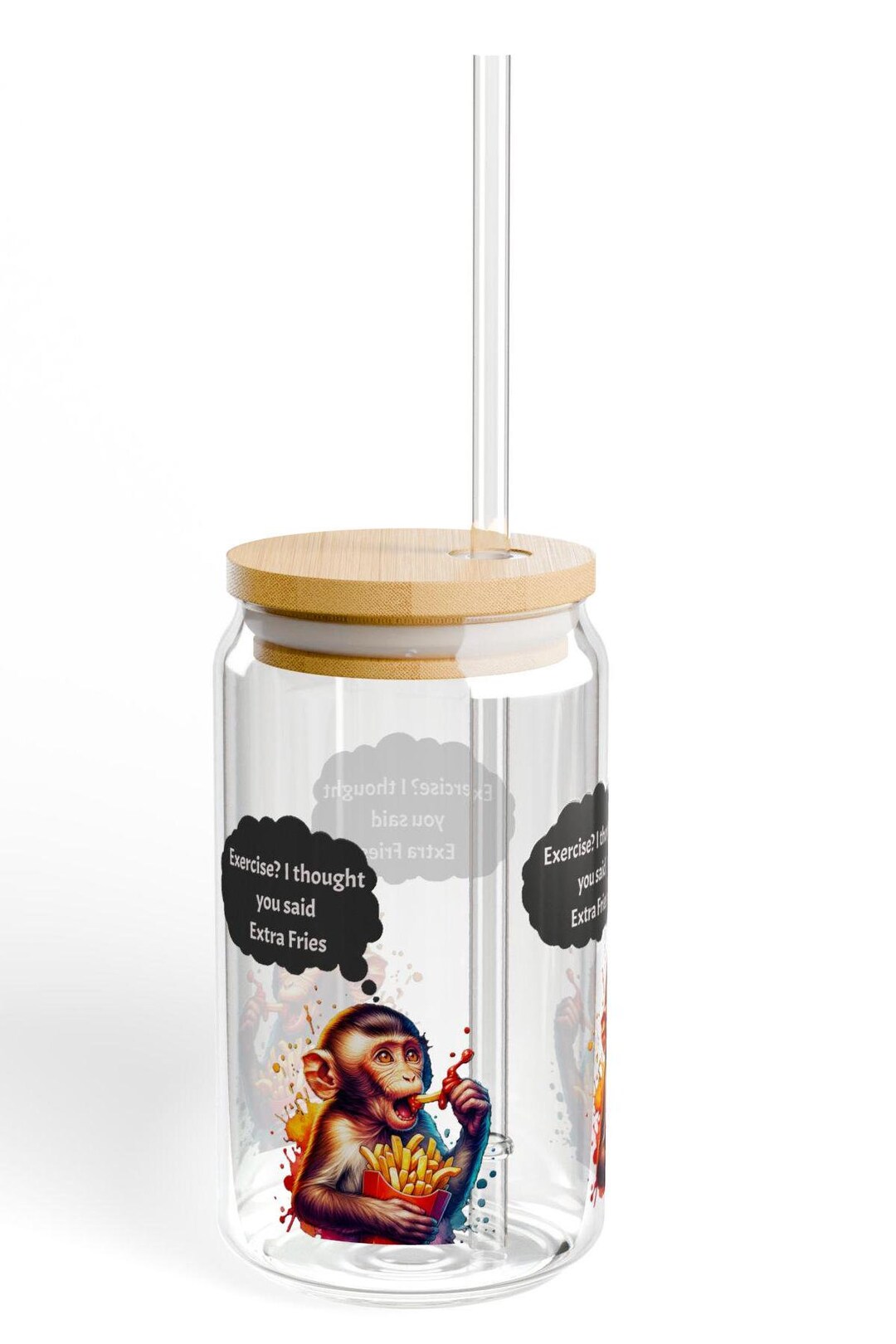 Monkey Eating Fries Glass Tumbler, Monkey Tumbler With Bamboo Lid and ...