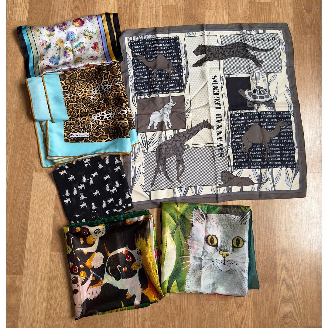 Vintage Set of 6 Silk Scarves With Animal Print, Car Print Silk Scarf ...