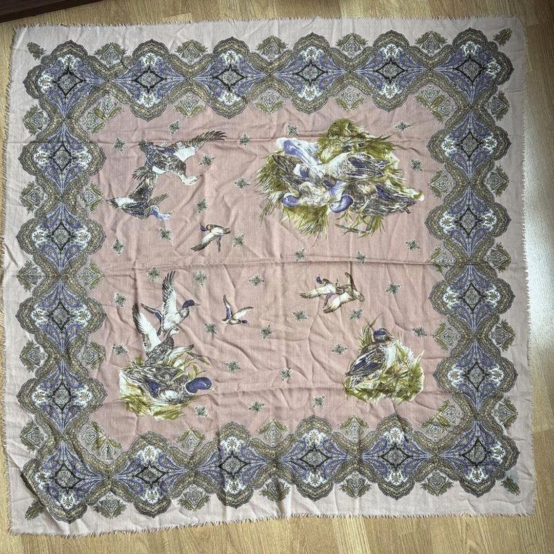 100% Lana Wool Oversize Woolen Square Scarf Shawl Duck Ducks Print ...