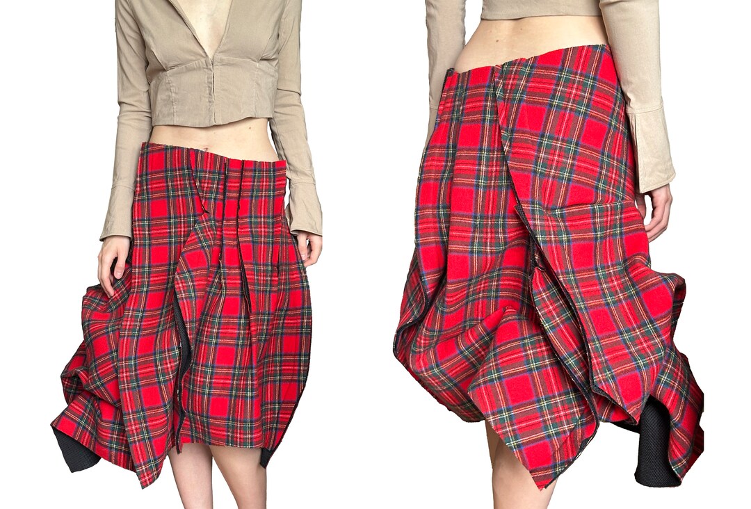 RUNDHOLZ Dramatic Wool Midi Asymmetrical Red Tartan Skirt, Extravagant ...
