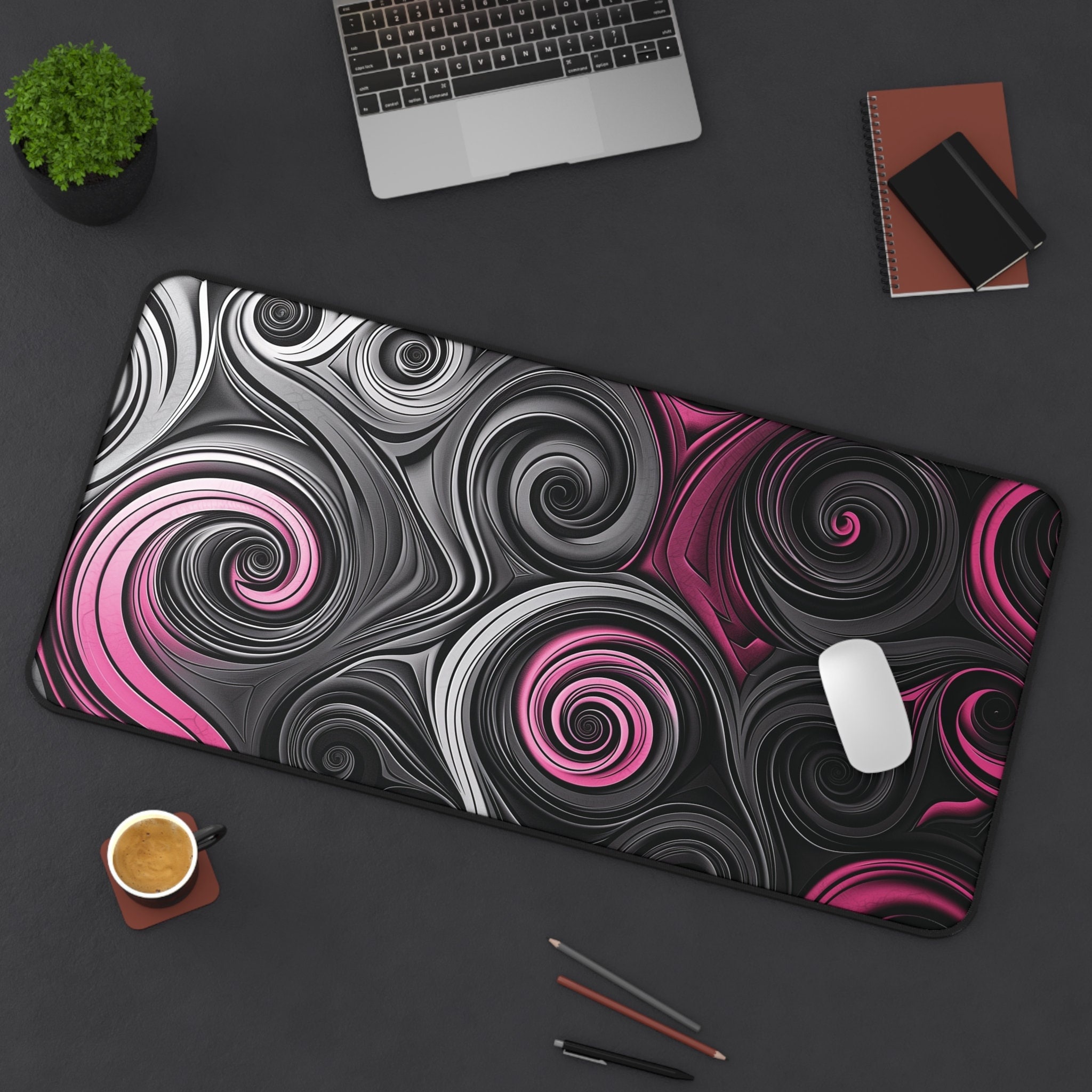 Pink and Black Swirls Mouspad Desk Mat, Colorful Swirls Black Pink Grey ...