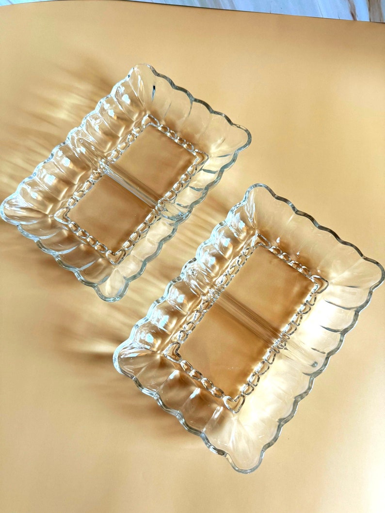 Tray Dish Relish Rectangle Clear Glass Vintage 2 Section Scalloped Edge ...