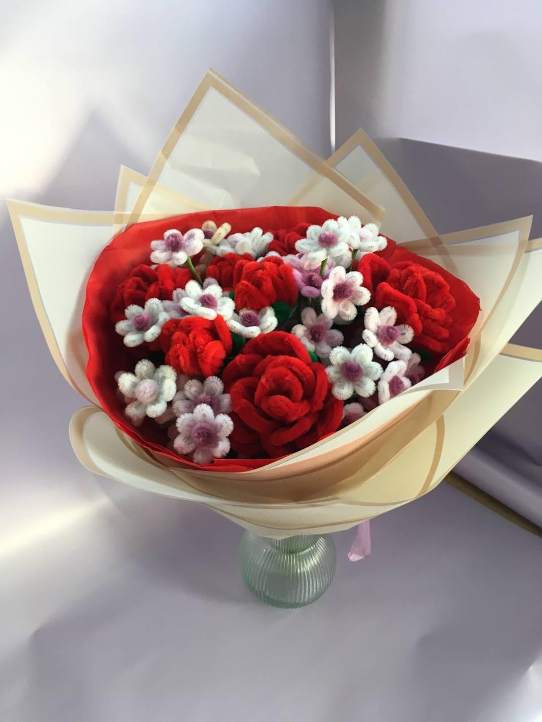 Red Roses, Pipe Cleaner Sakura Flowers, Handmade Bouquet "eternal Love ...