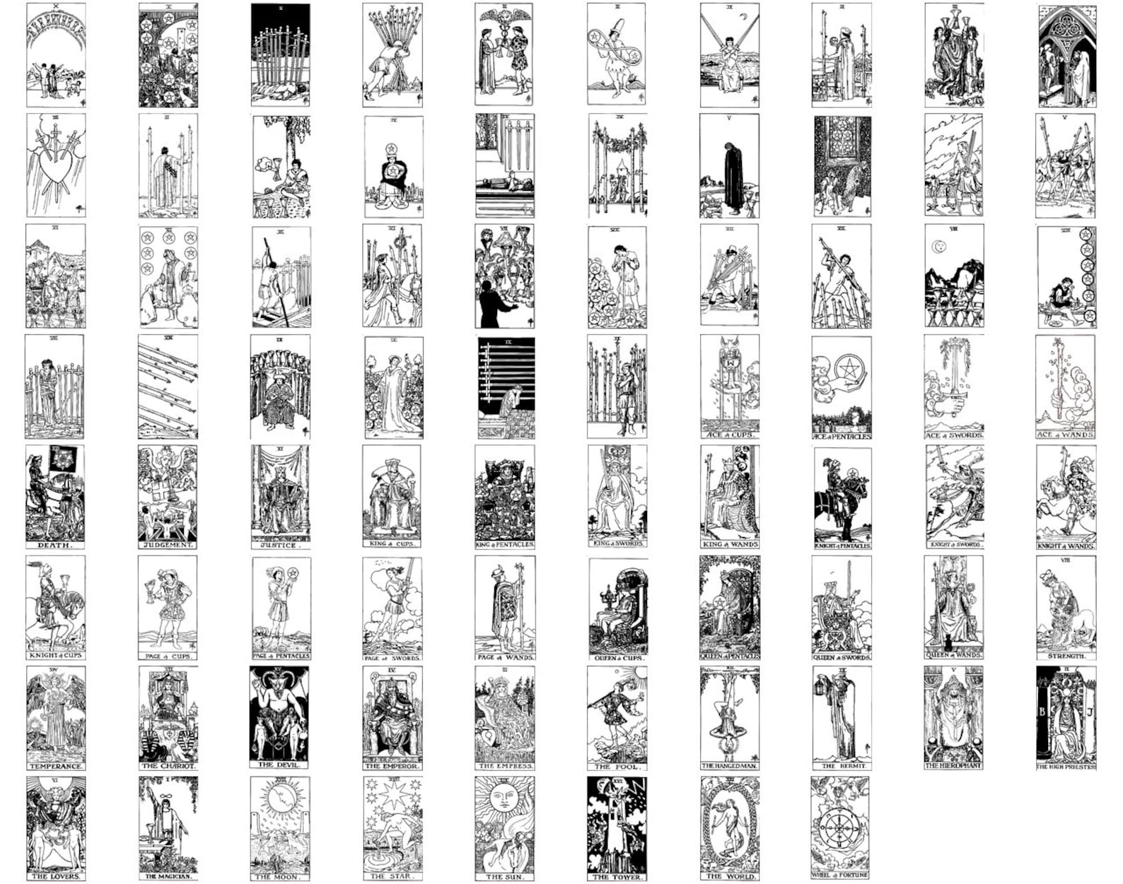 Ryder Waite Tarot Deck SVG Lineart Cards Full Set 78 Cards Fortune ...