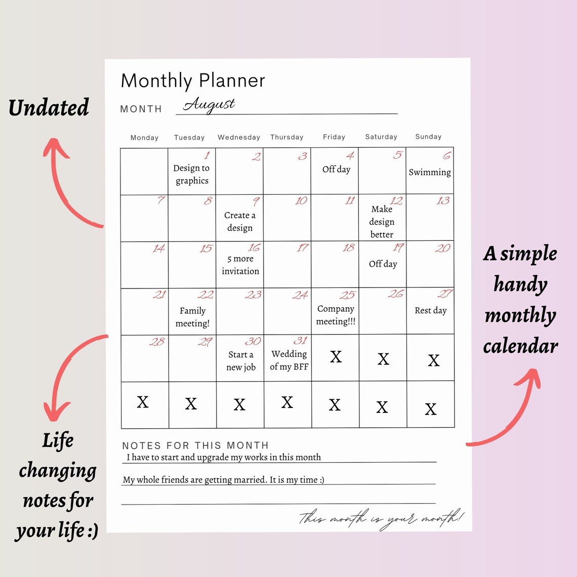 Monthly Planner Printable, Undated Monthly Planner, Work Planner ...