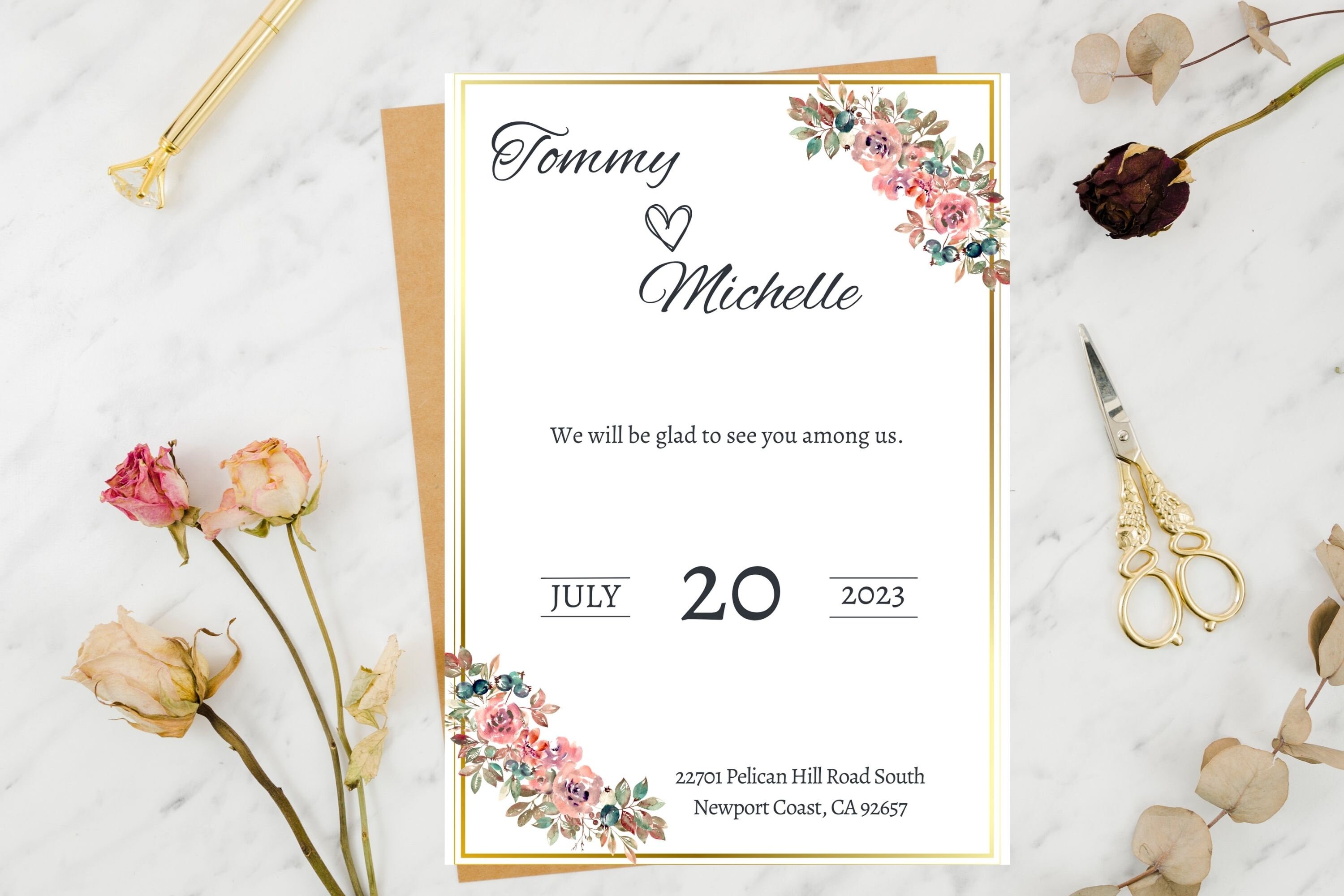 Gold Frame With Flowers Wedding Invitation Gold Frame With - Etsy