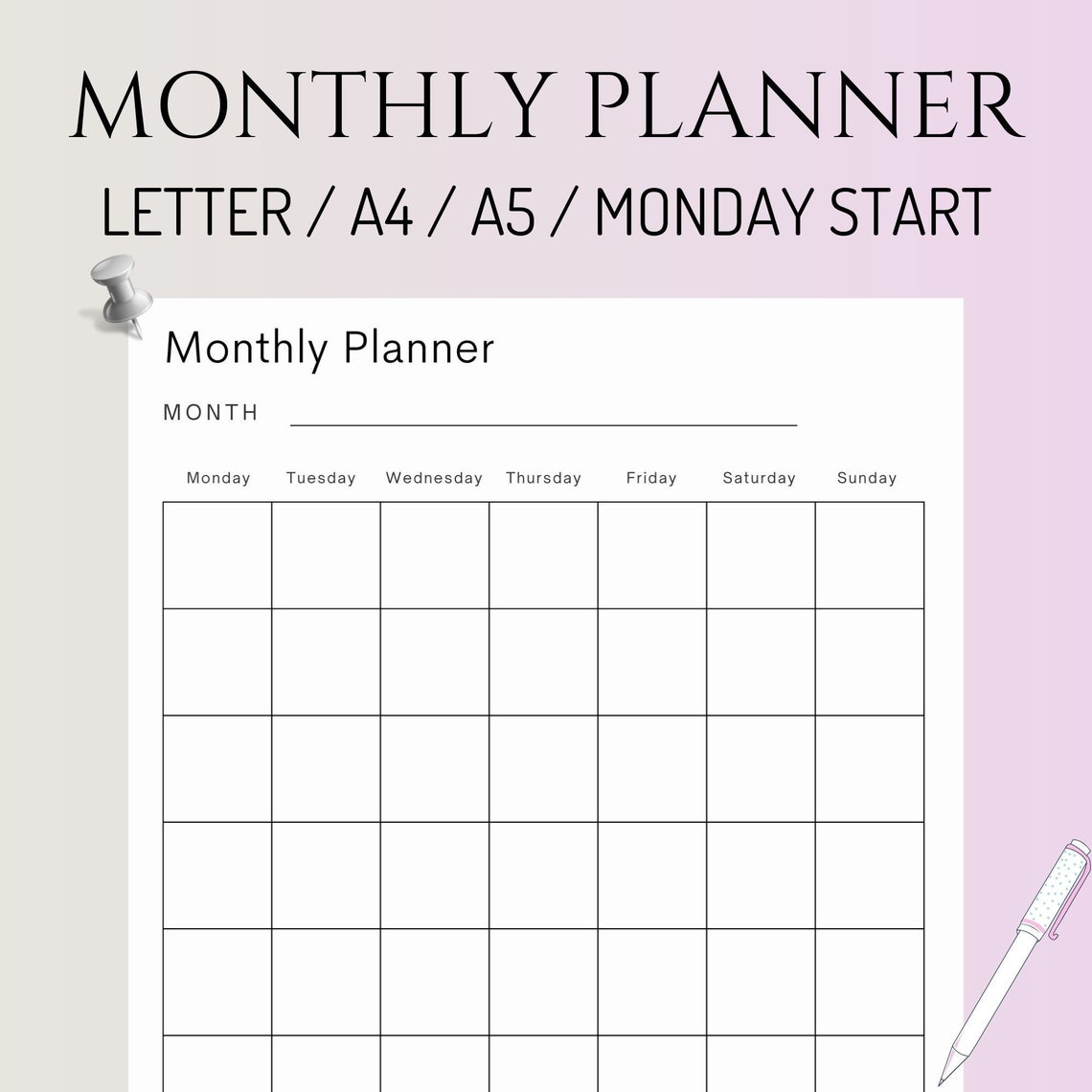 Monthly Planner Printable, Undated Monthly Planner, Work Planner ...
