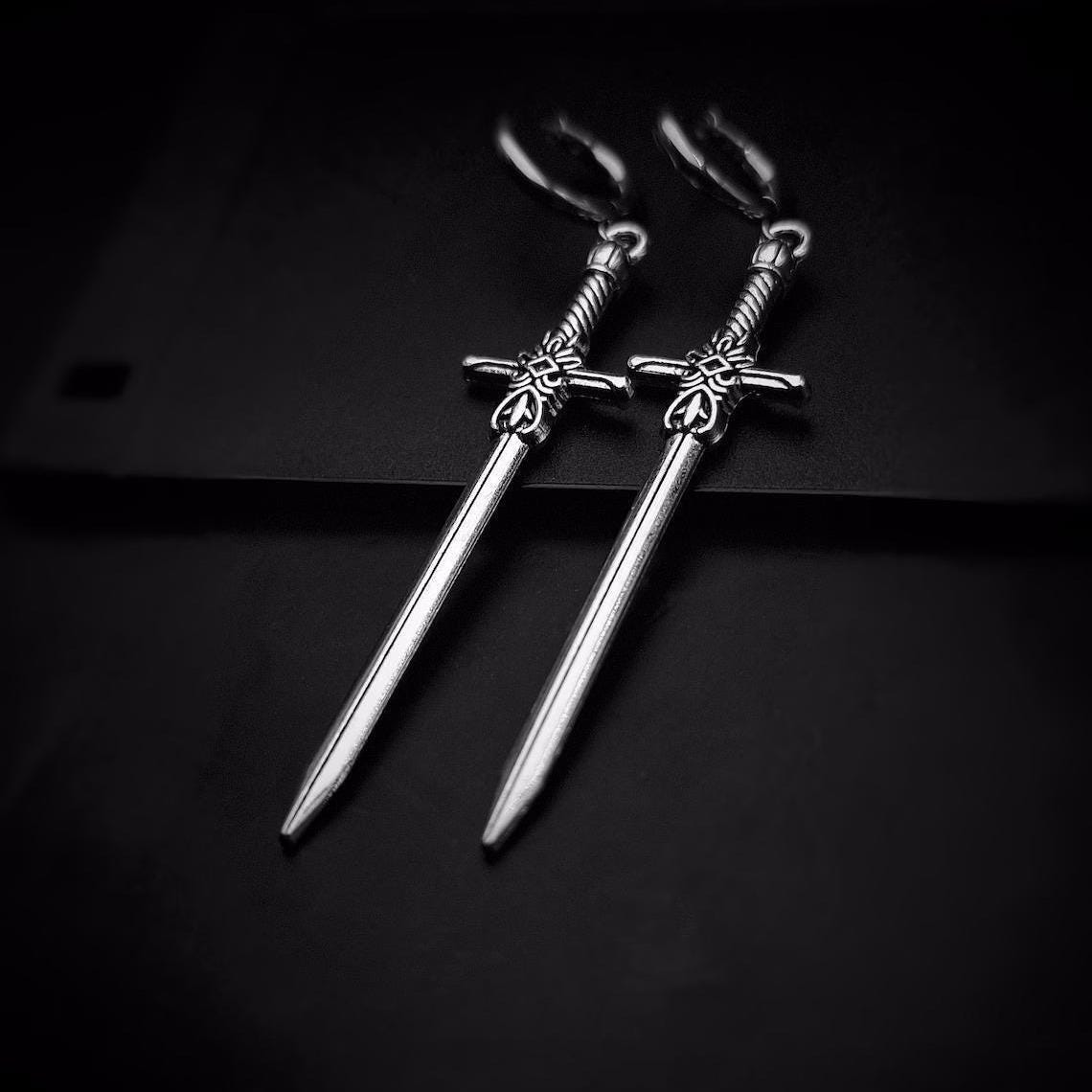 Silver Hoop Sword Earrings - Etsy