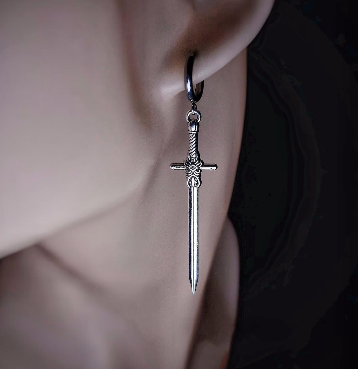Silver Hoop Sword Earrings - Etsy