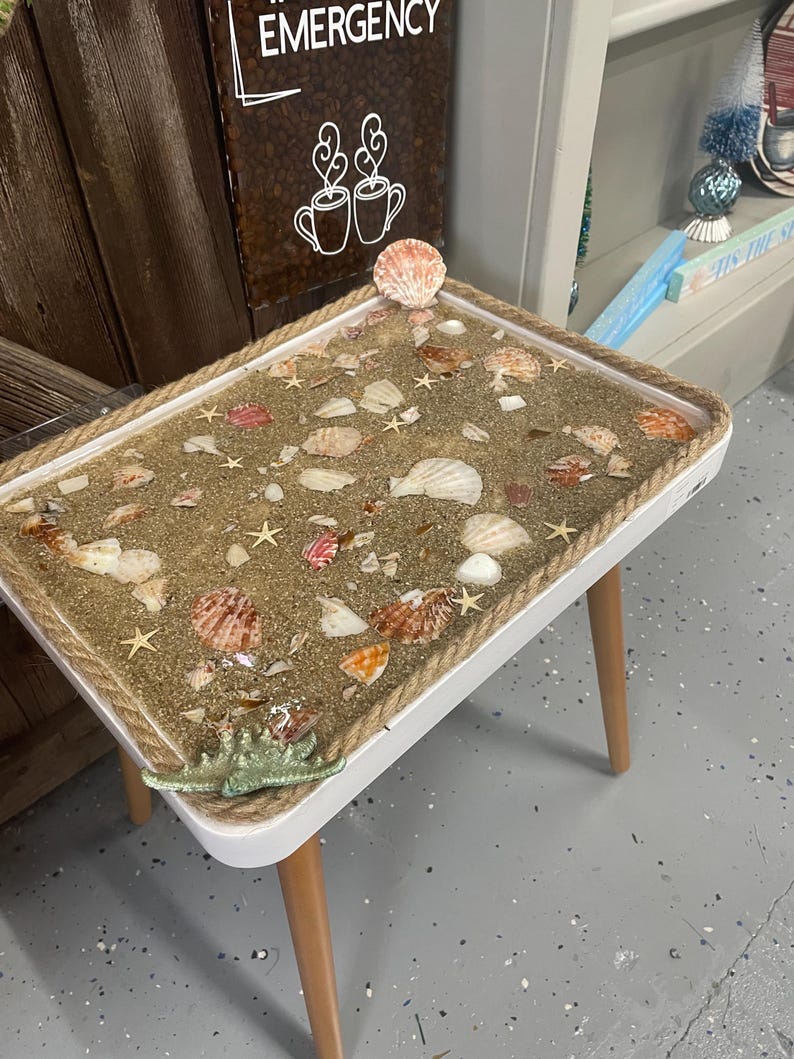 Seashell Sand Coastal Beach Starfish Shell Coffee End Side Table Epoxy ...