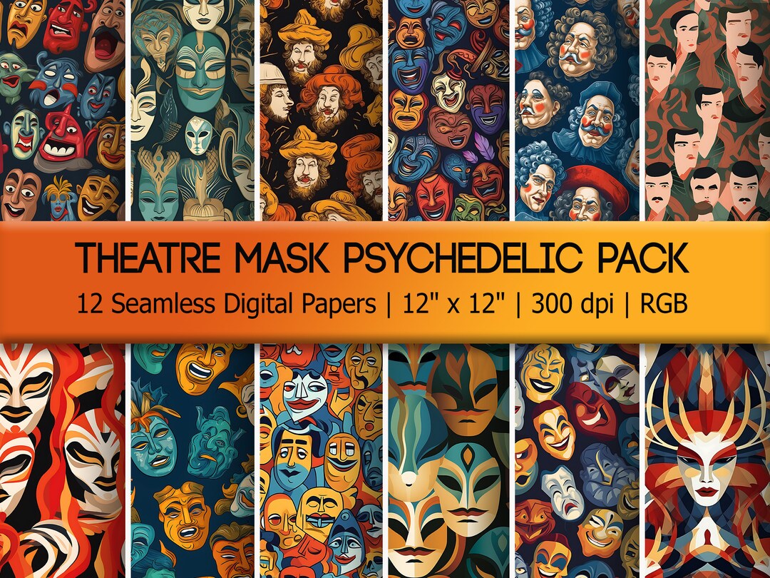 Theatre Mask Seamless Digital Paper Pack - 12 Psychedelic Tiling ...