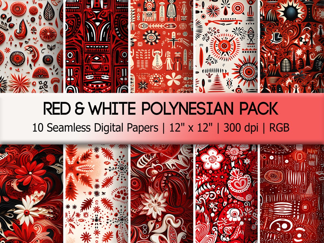 Red & White Polynesian Digital Papers: 10 Seamless Tribal Patterns ...