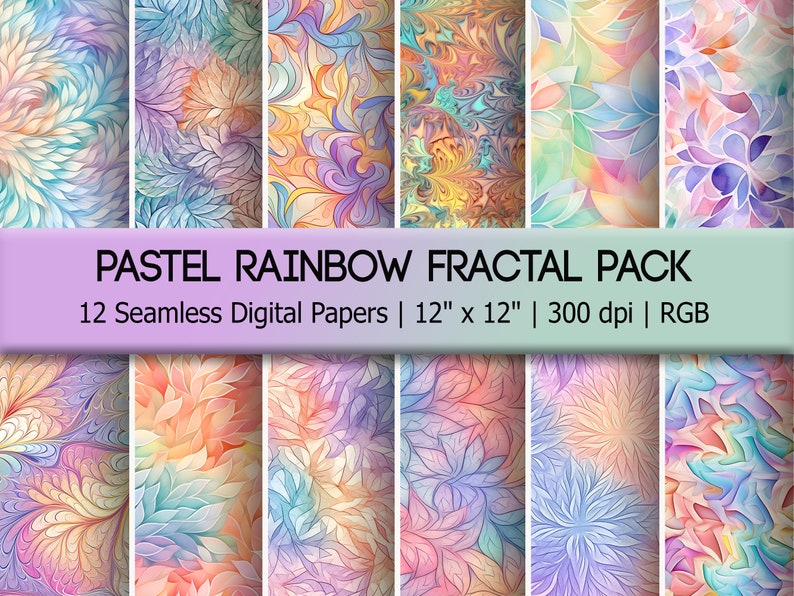 Pastel Rainbow Fractals, Seamless Digital Paper 12 Pack, Repeating ...