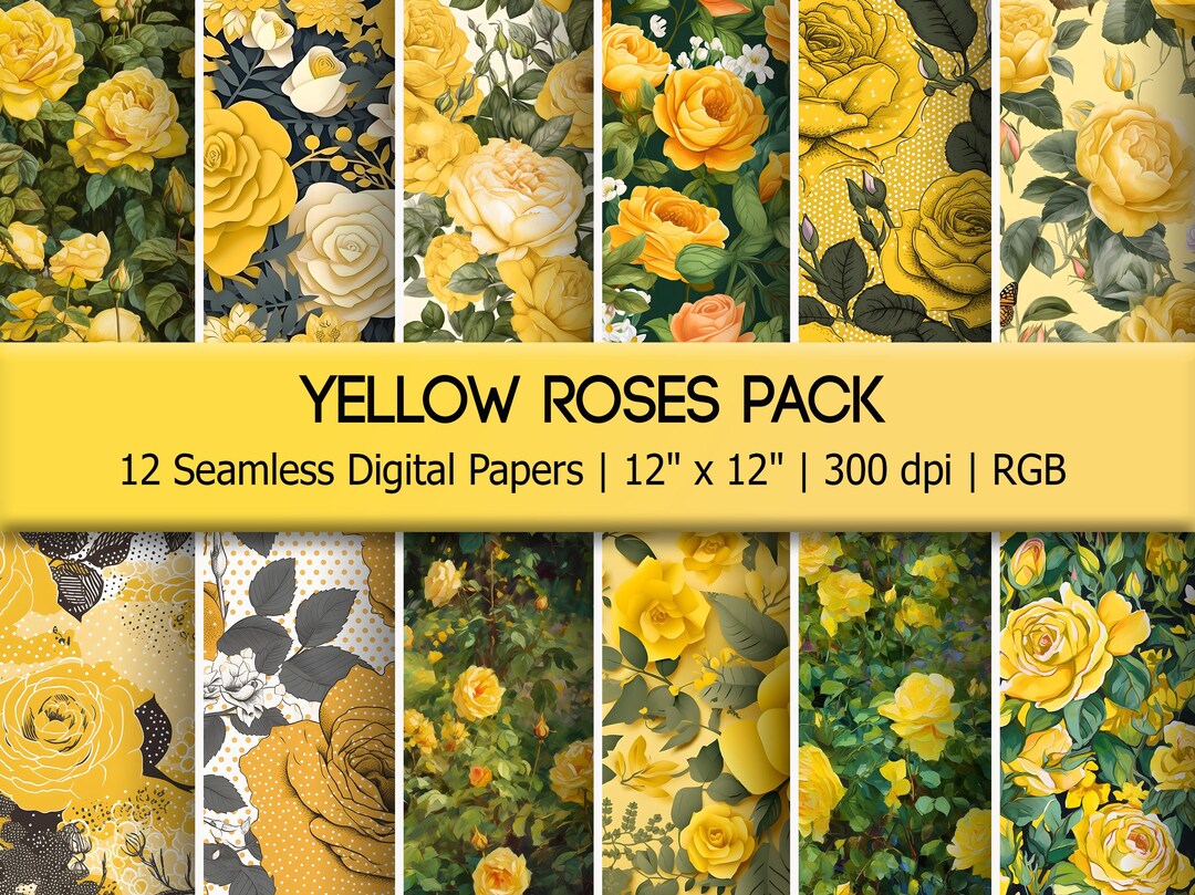 Yellow Roses Digital Papers, Vibrant 12 Pack Floral Designs for ...
