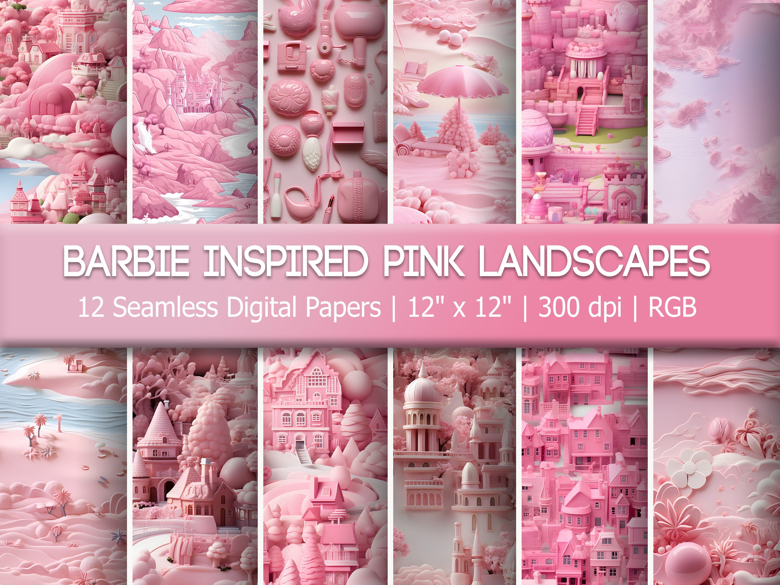 Barbie-inspired Pink Plastic Landscapes Pack 12 Kitschy Digital Paper ...