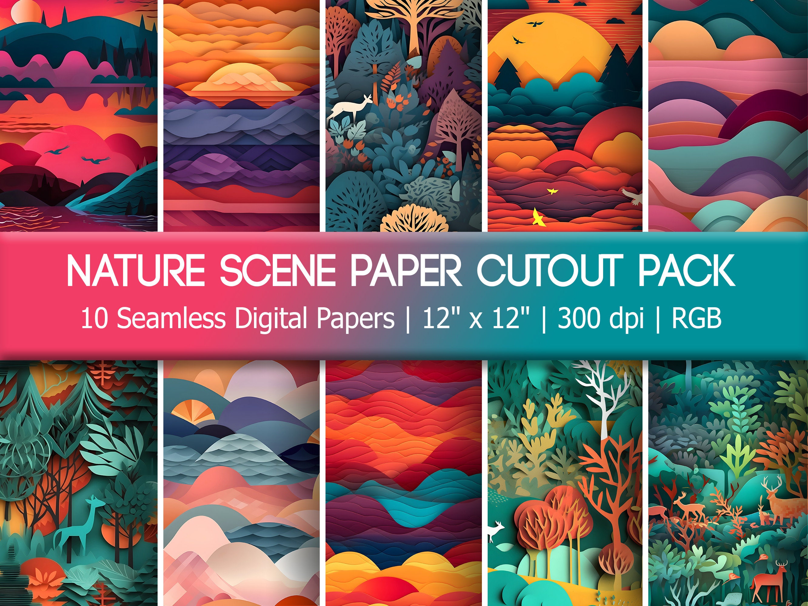 Nature Scenery Digital Paper Pack, Paper Cutout Style, 10 Seamless ...