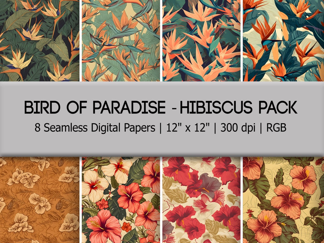 Bird of Paradise & Hibiscus Hawaiian Floral Print Seamless Digital ...