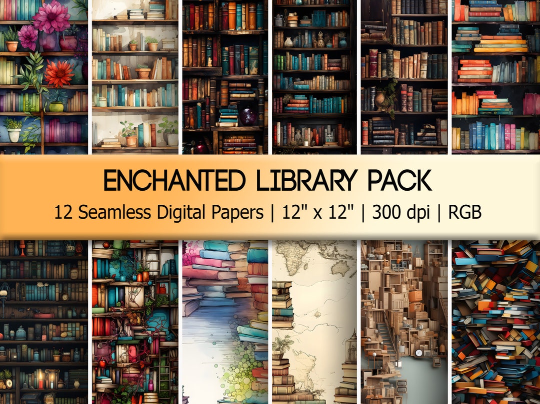 Enchanted Library Digital Paper Pack - 12 Seamless Library and Book ...