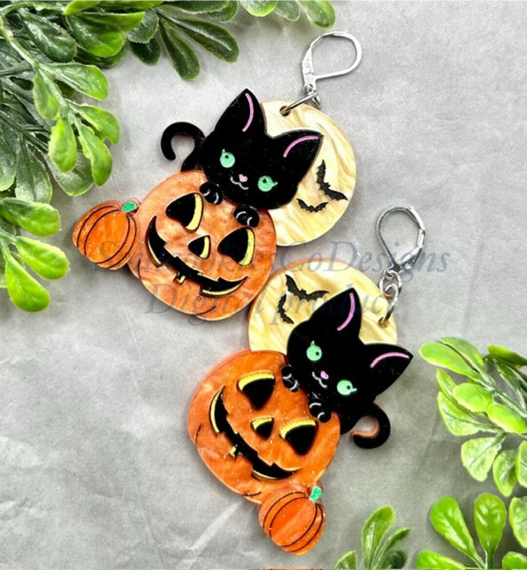 Glowforge Laser Halloween Cat in Pumpkin Acrylic Earrings File Digital ...