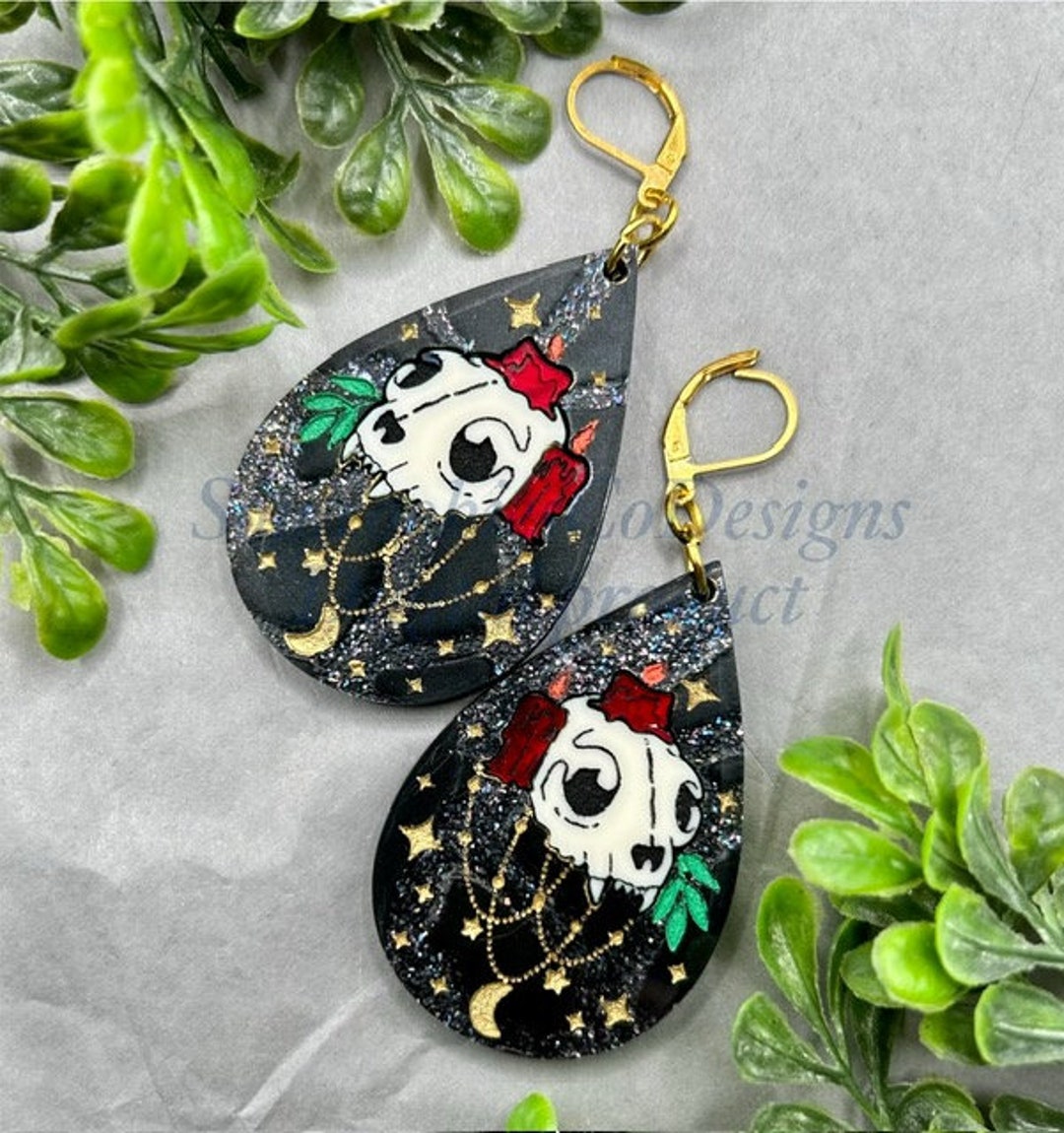 Glowforge Laser Halloween Cat Skull Drop Layered Acrylic Earrings File ...