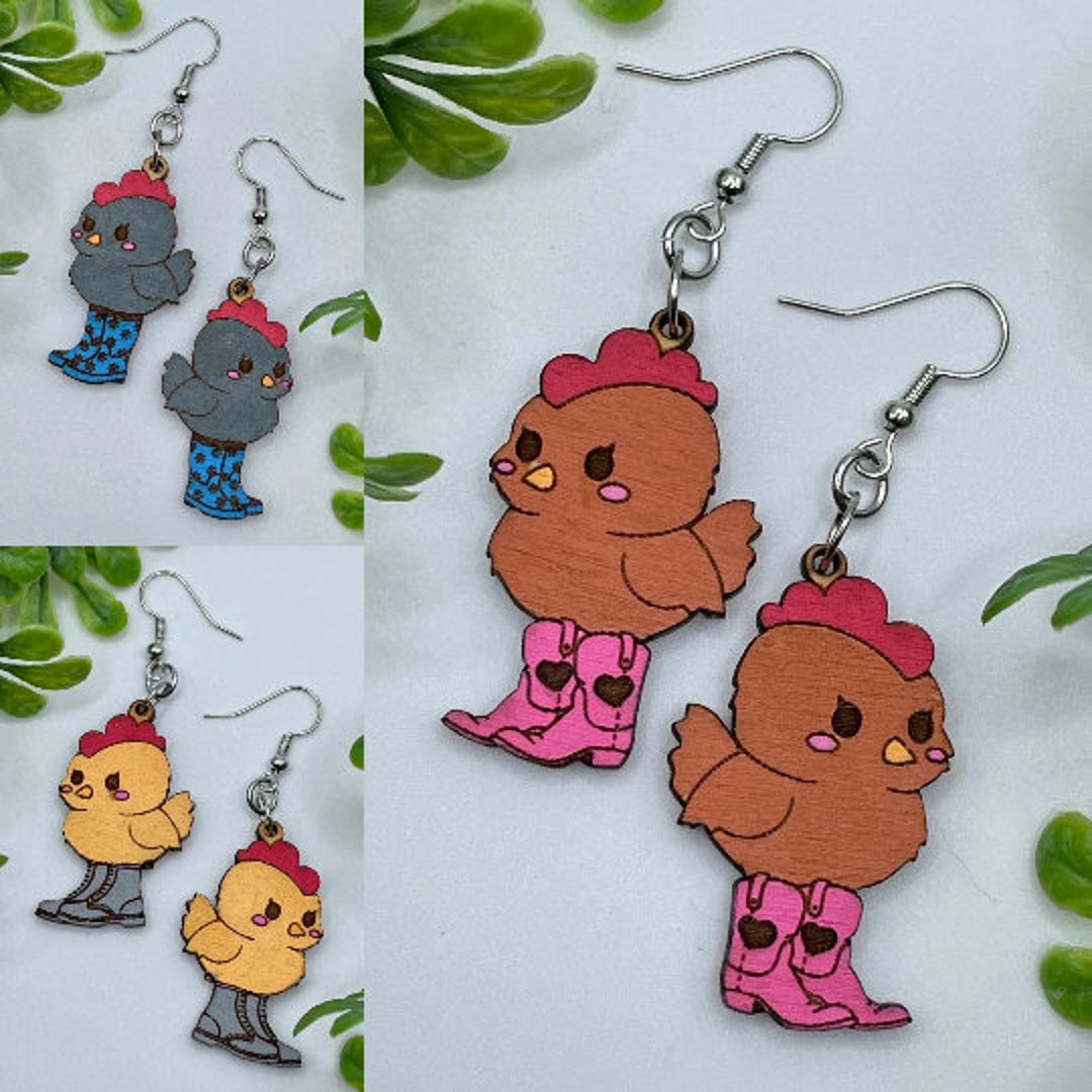 Glowforge Laser Chicken With Boots Single Layer Engraved Wood Earrings ...