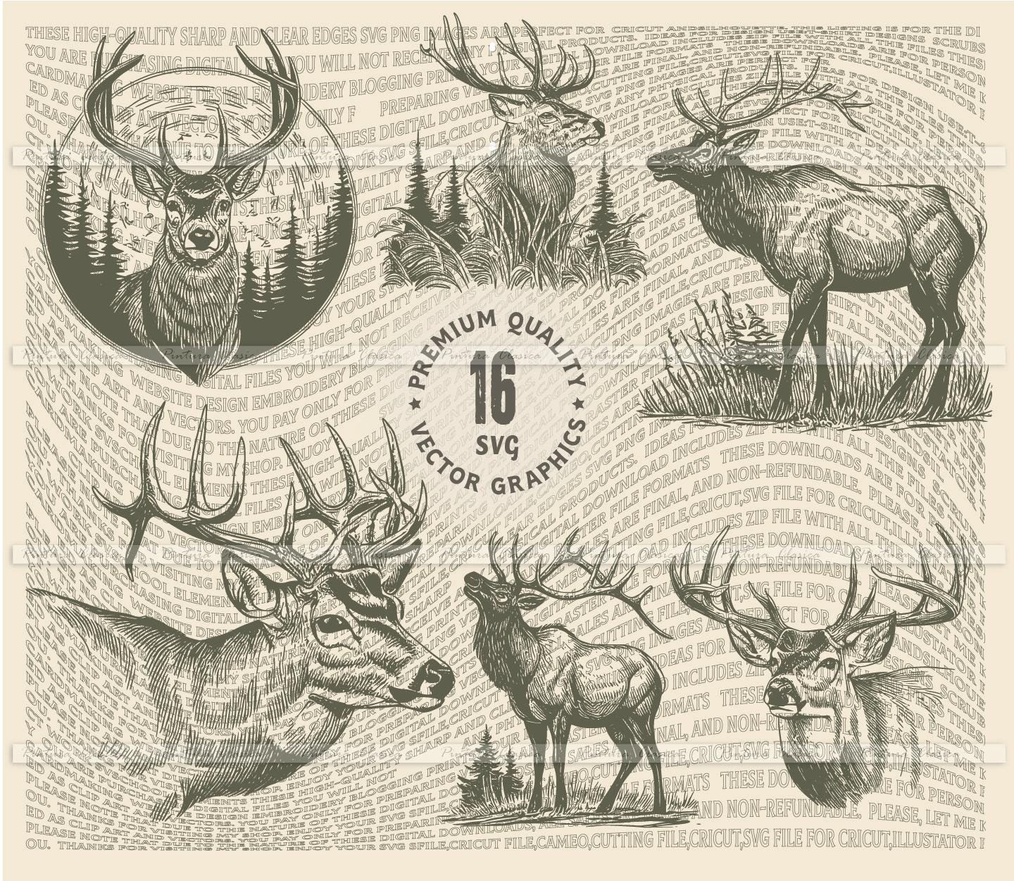 16' Elk Design SVG-PNG Design Elk Vintage Design Transparent Background ...