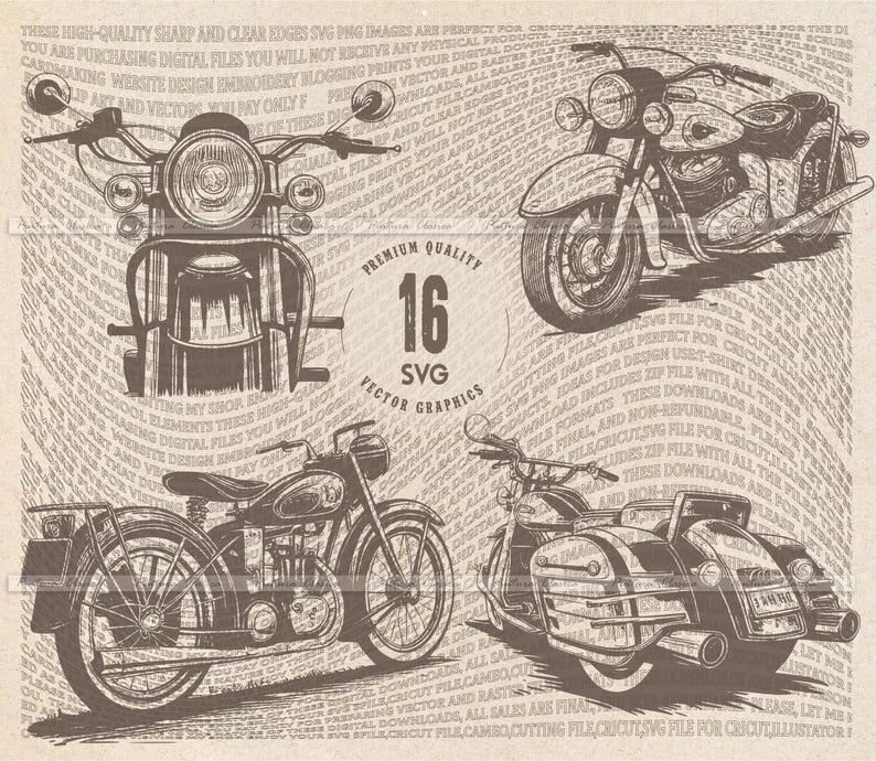 16' Vintage Motorcycle SVG-PNG Printable Design Transparent Background ...